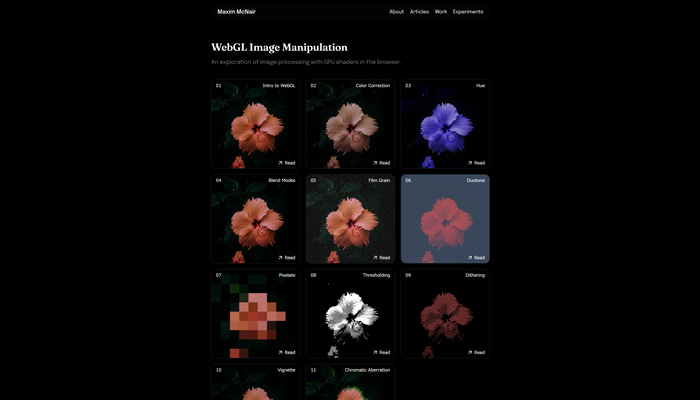 解説付きで様々なシェーダによる効果を楽しめる Maxim McNair さんの WebGL Image Processing - WebGL 総本山